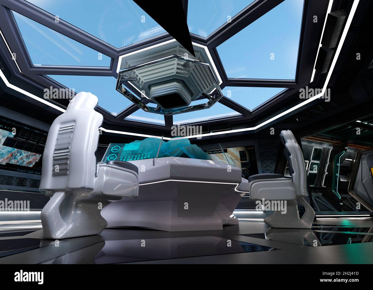3D rendering of a futuristic sceince fiction spaceship control center ...