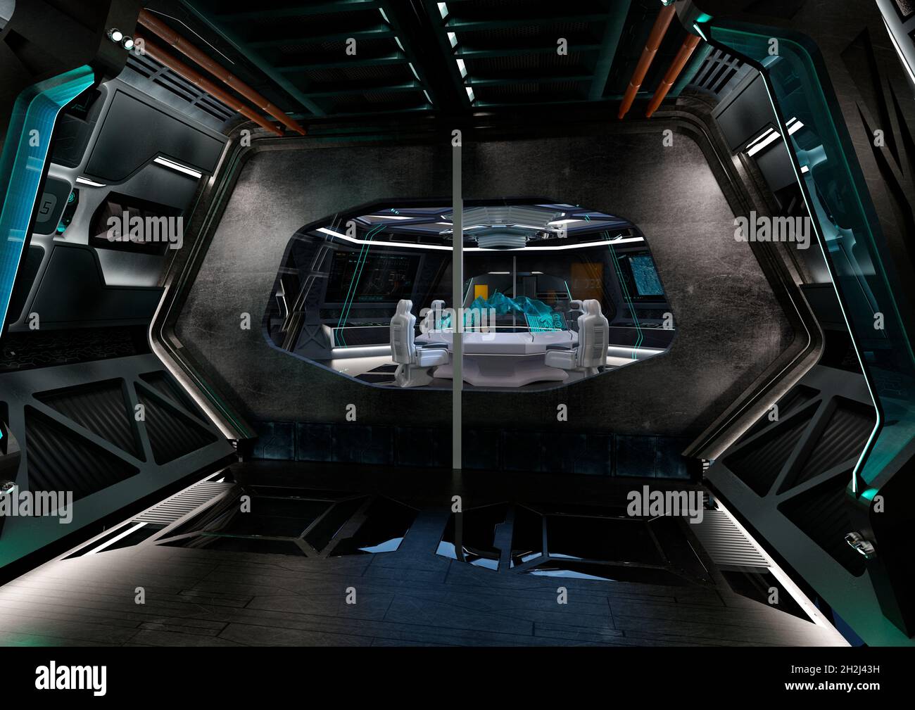 3D rendering of a futuristic sceince fiction spaceship control center ...