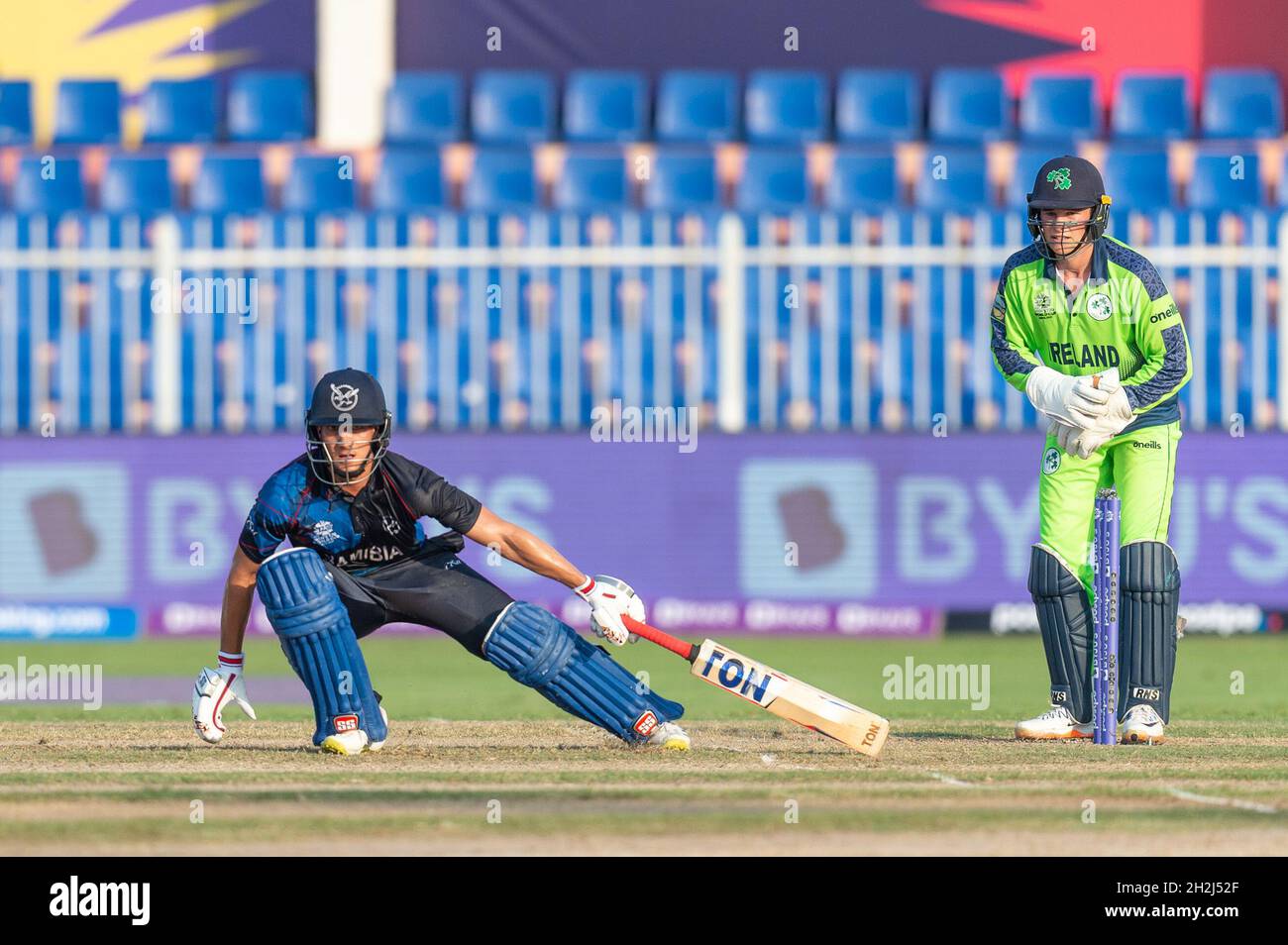 Sharjah, UAE, 22 October 2021. Gerhard Erasmus of Namibia makes his ...