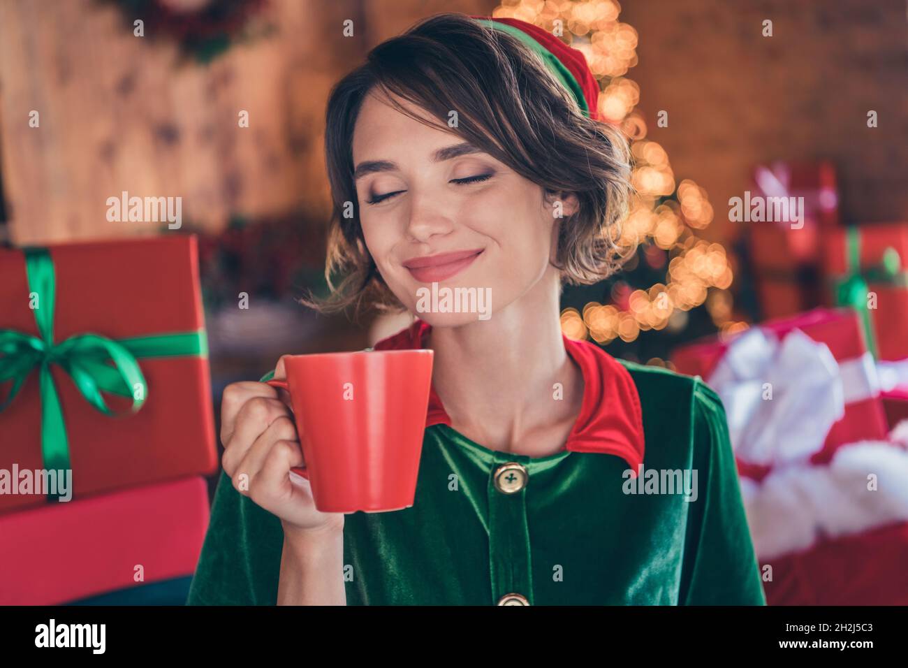 Photo of relaxed dreamy inspired lady smell coffee aroma wear elf ...