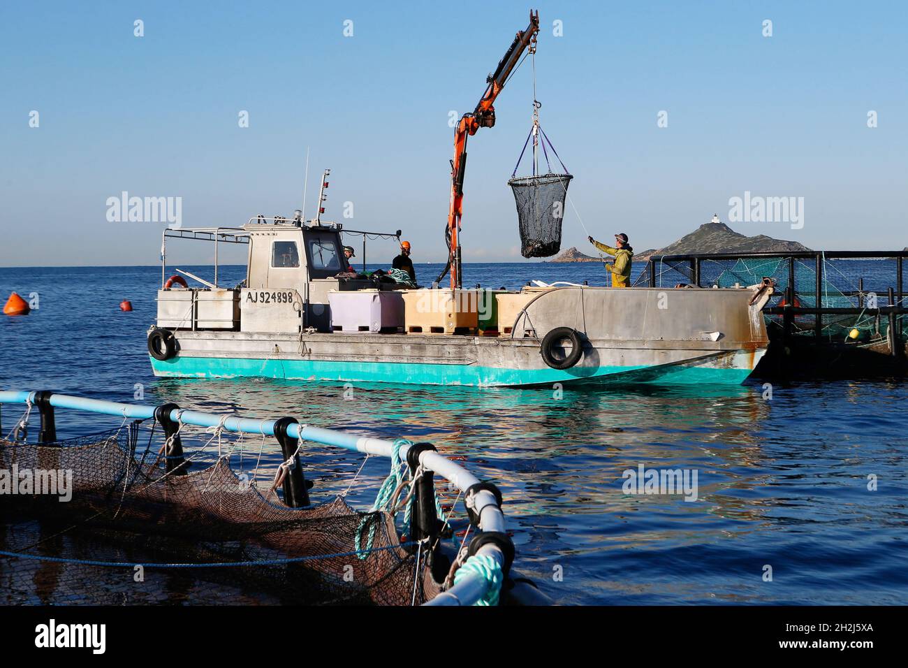 Fish farm near Ajaccio in Corsica. Marine aquaculture. Site of the ...
