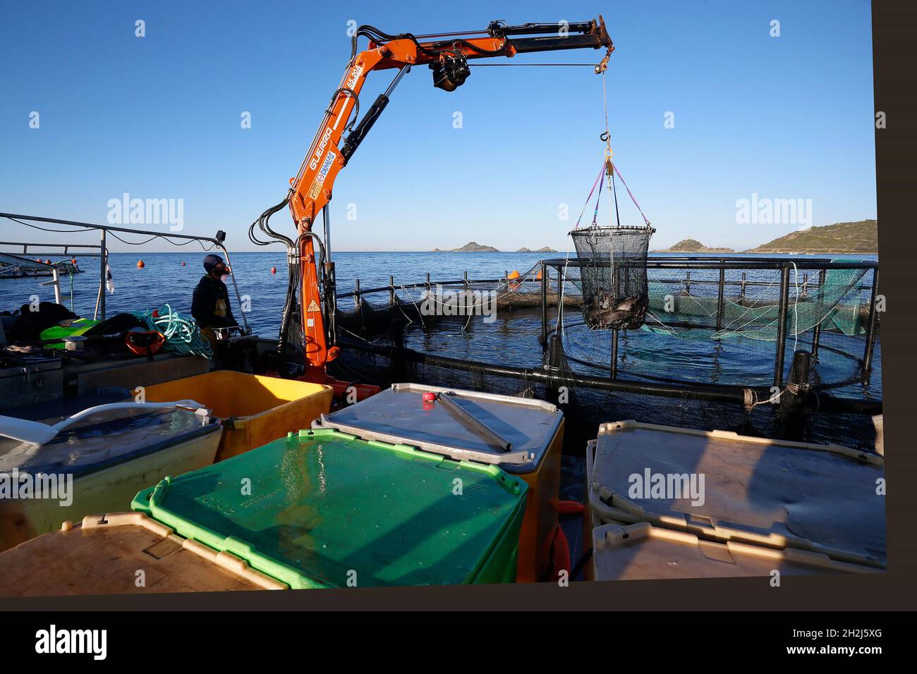 Fish farm near Ajaccio in Corsica. Marine aquaculture. Site of the ...