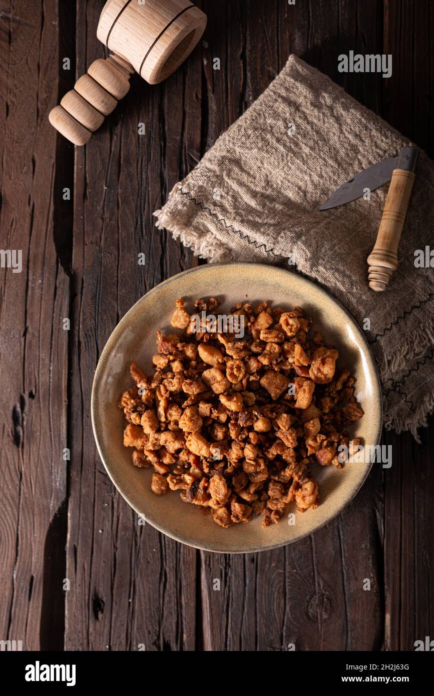 Delicous and simple pork greaves bio homemade Stock Photo - Alamy