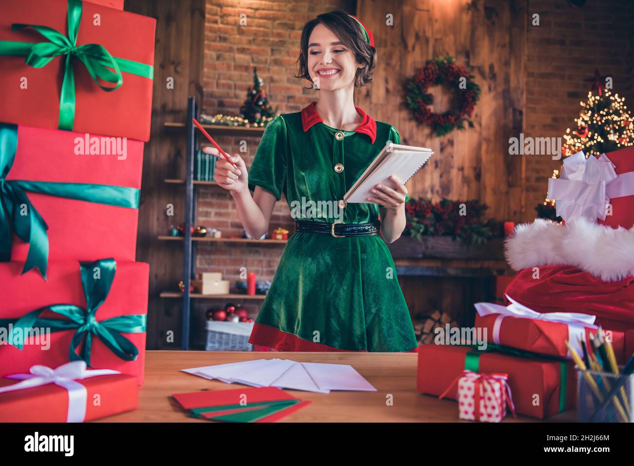 Photo of funny sweet young lady wear elf clothes writing book counting ...