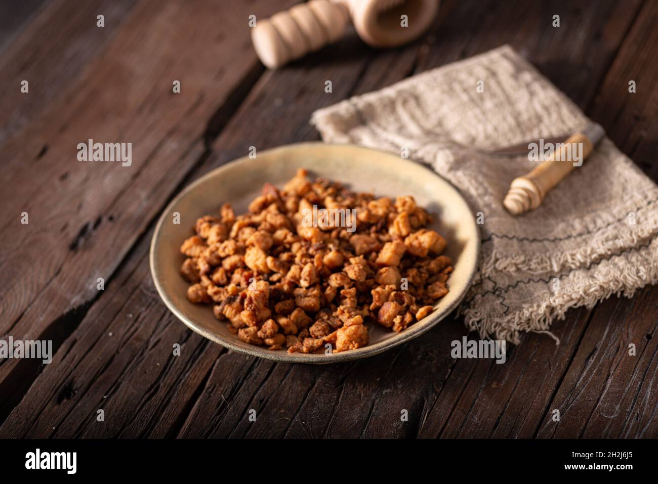 Delicous and simple pork greaves bio homemade Stock Photo - Alamy