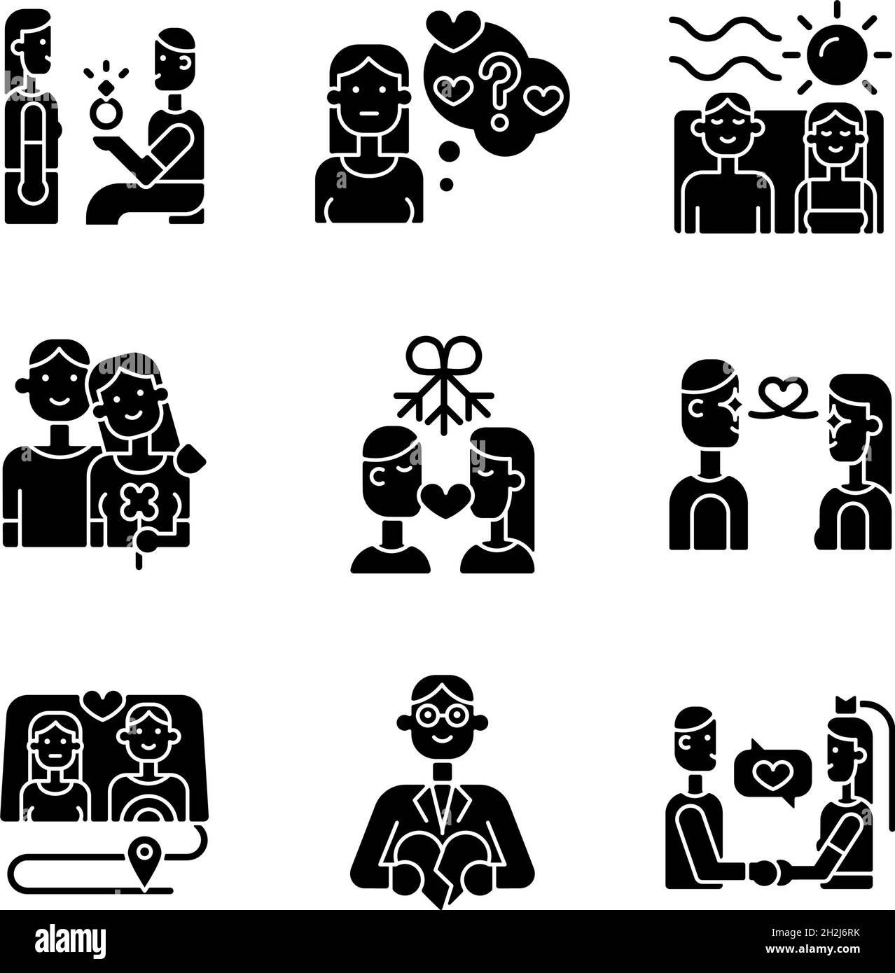 Romantic relationship black glyph icons set on white space Stock Vector ...