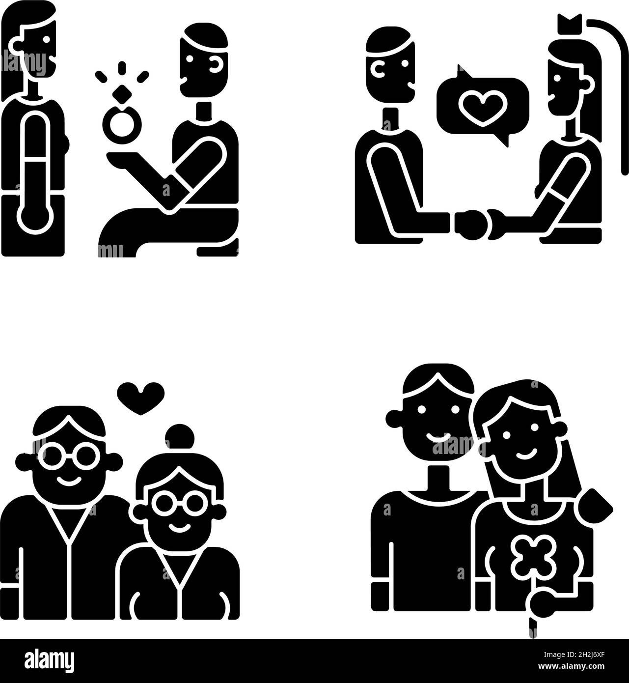 Stages of romantic relationship black glyph icons set on white space ...
