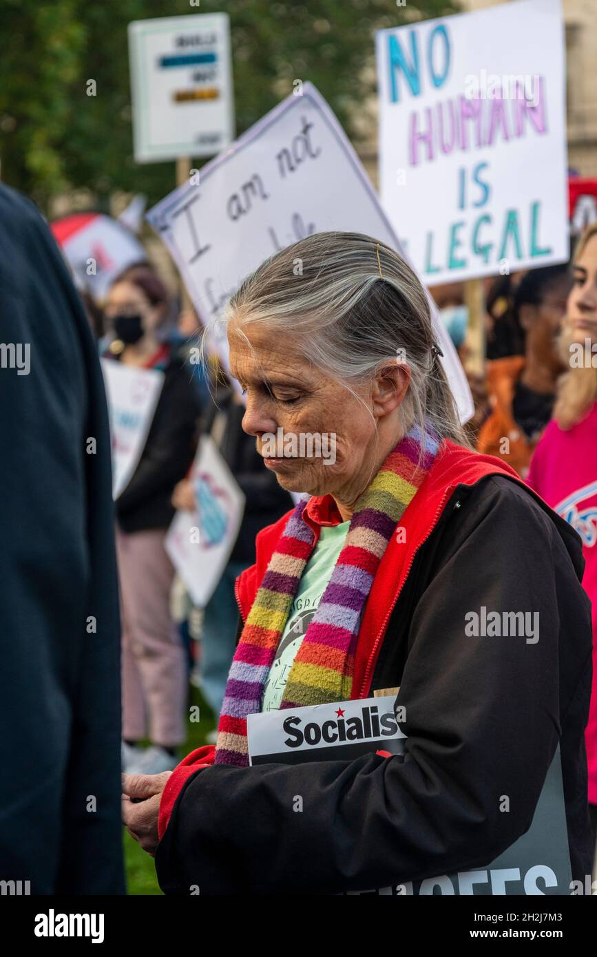 Woman with Refugees Welcome placard, Refugee rally against the new ...