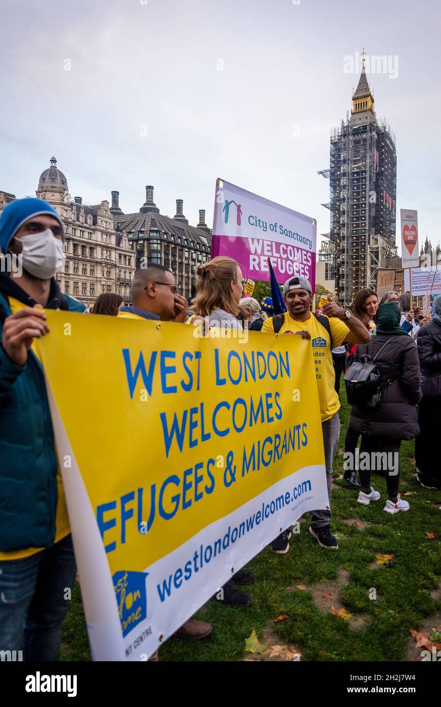 West London always welcomes refugees and migrants banner, Refugee rally ...