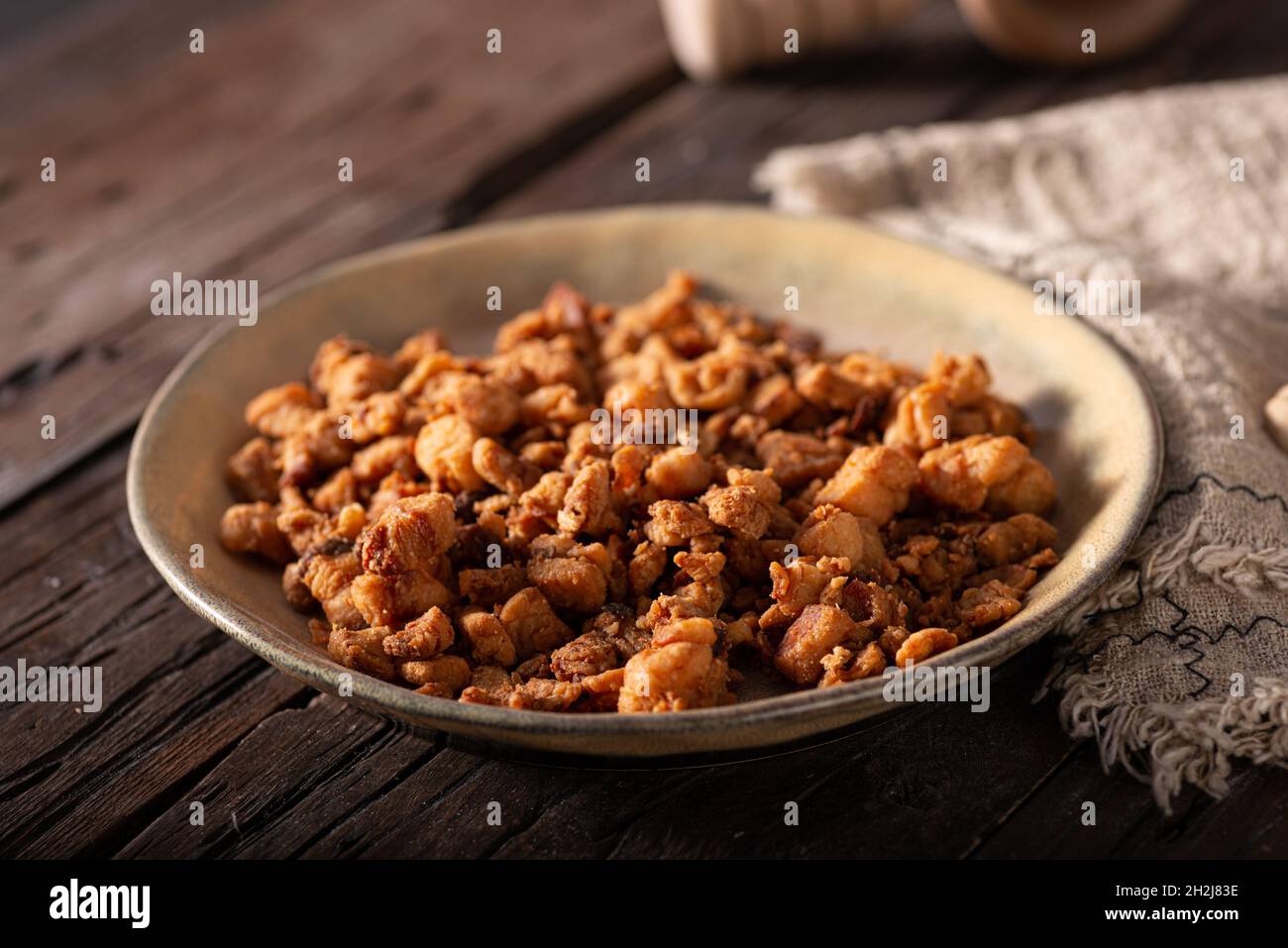 Delicous and simple pork greaves bio homemade Stock Photo - Alamy