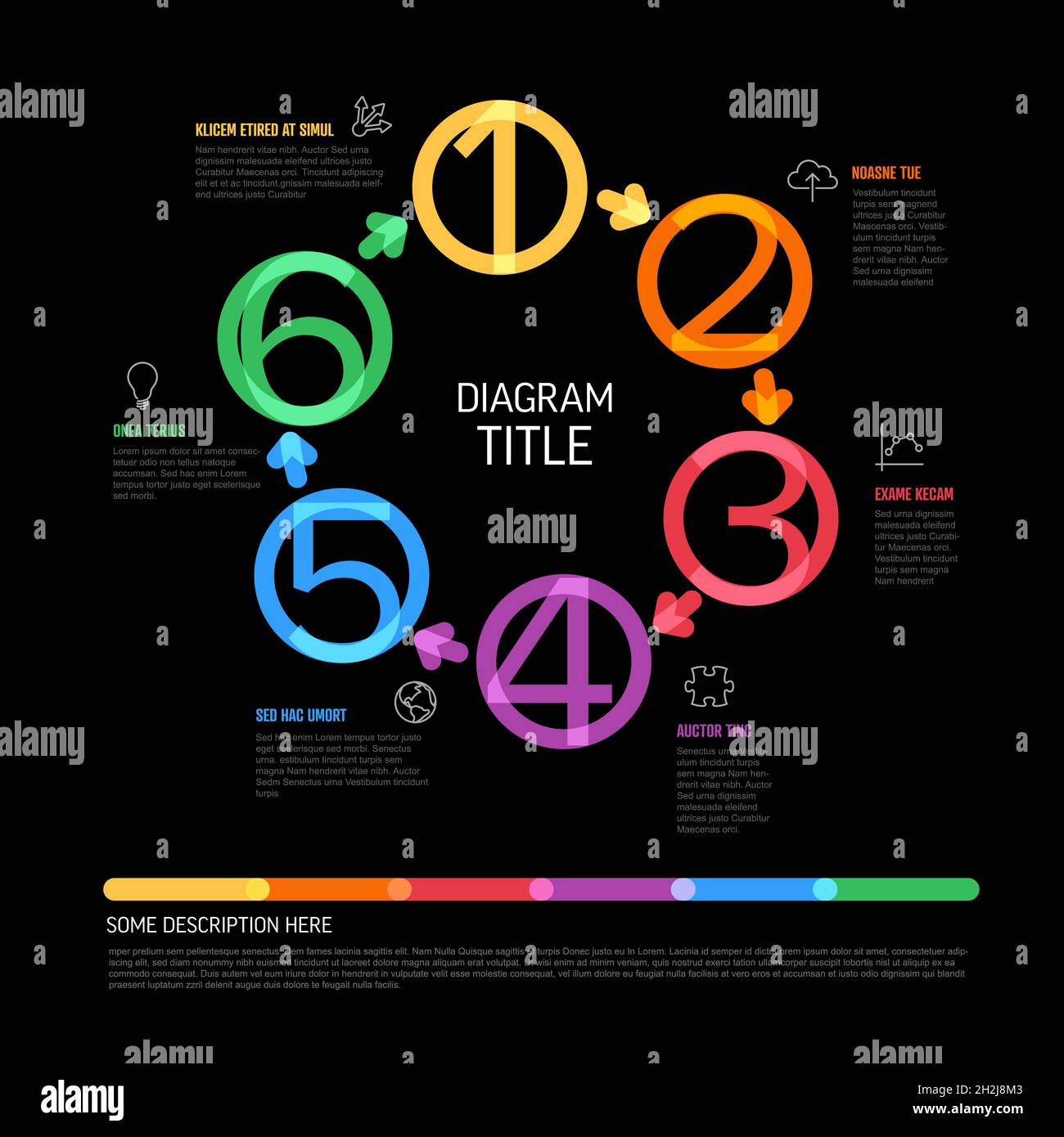 Vector dark progress six steps template cycle with descriptions, icons ...