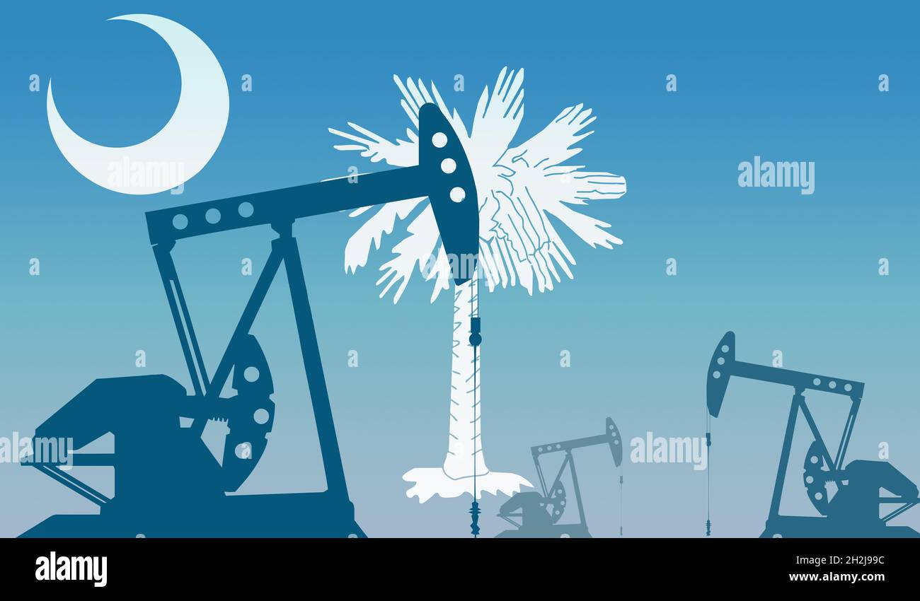 silhouette of oil pump against flag of South Carolina state USA ...