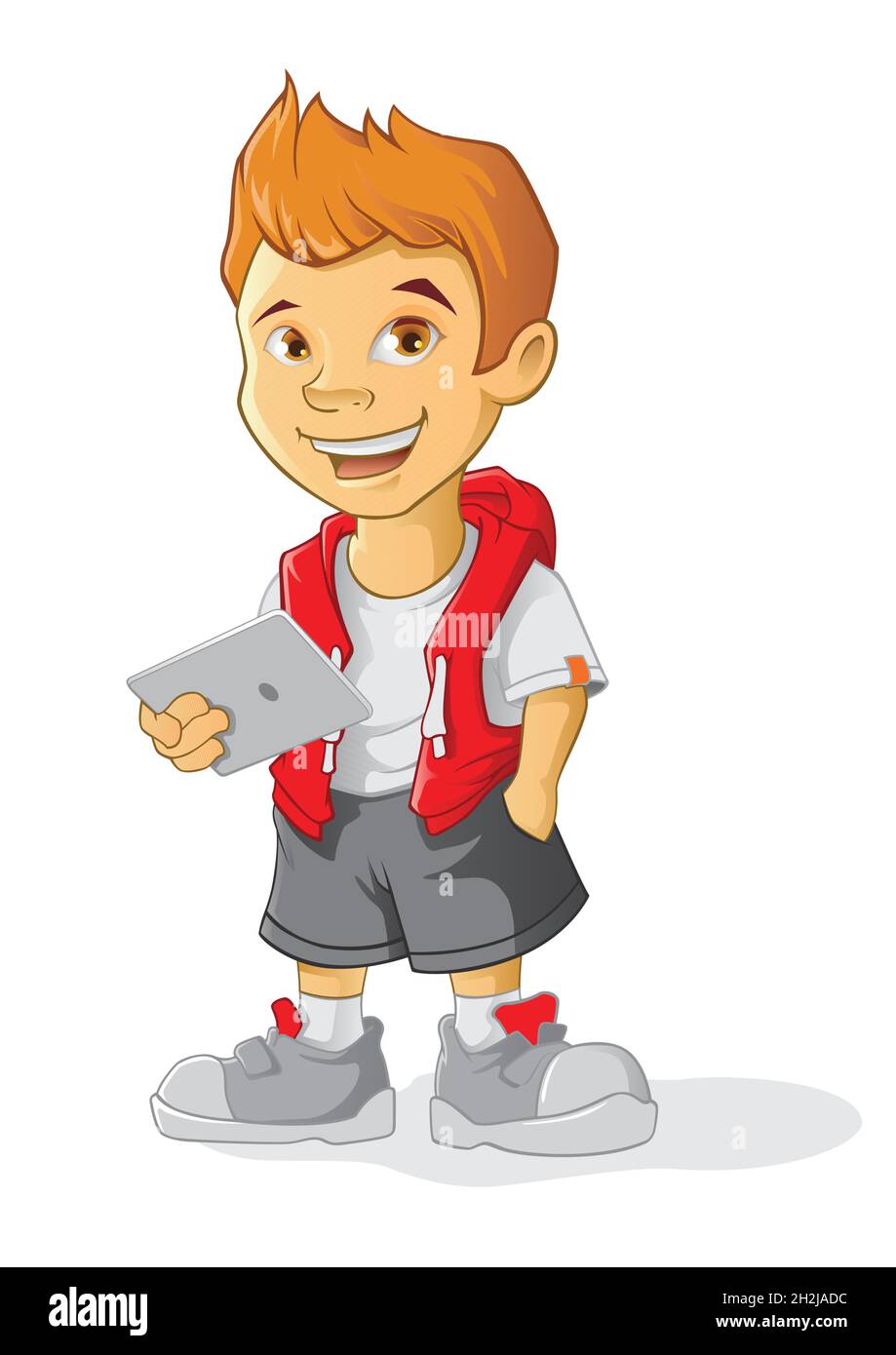 Boy Cartoon character holding a computer tablet. Vector illustration in ...