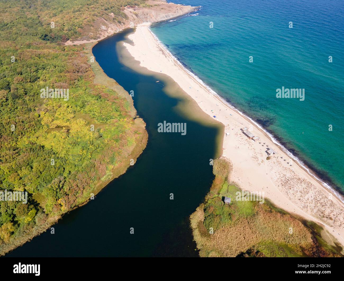 Aerial view of beach at the mouth of the Veleka River, Sinemorets ...