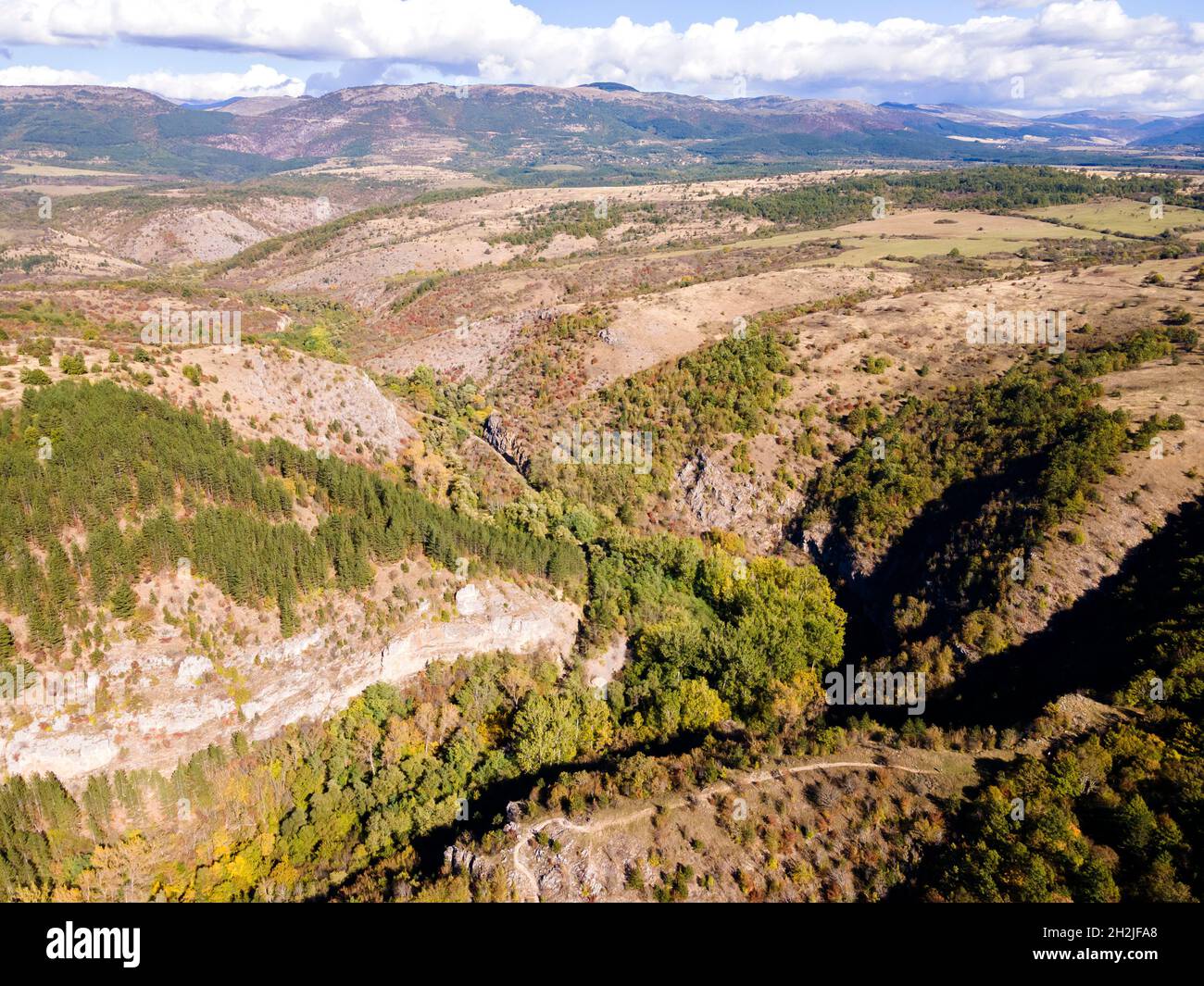Aerial Autumn view of Nishava river gorge, Balkan Mountains, Bulgaria ...