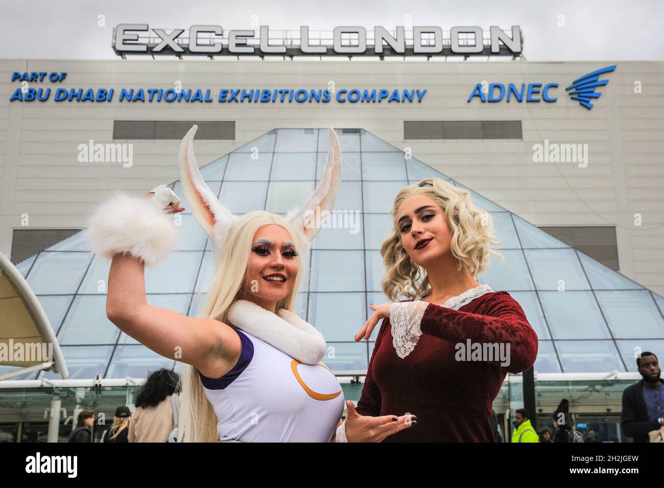 ExCel, London, UK. 22nd Oct, 2021. Two cosplayers pose outside the ...
