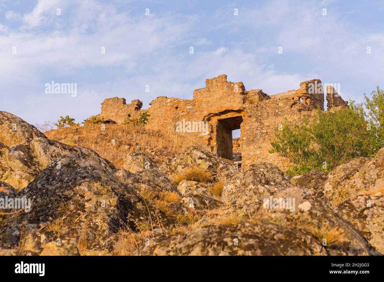 Stone tower of the old castle in the ancient town of Castelo Rodrigo in ...
