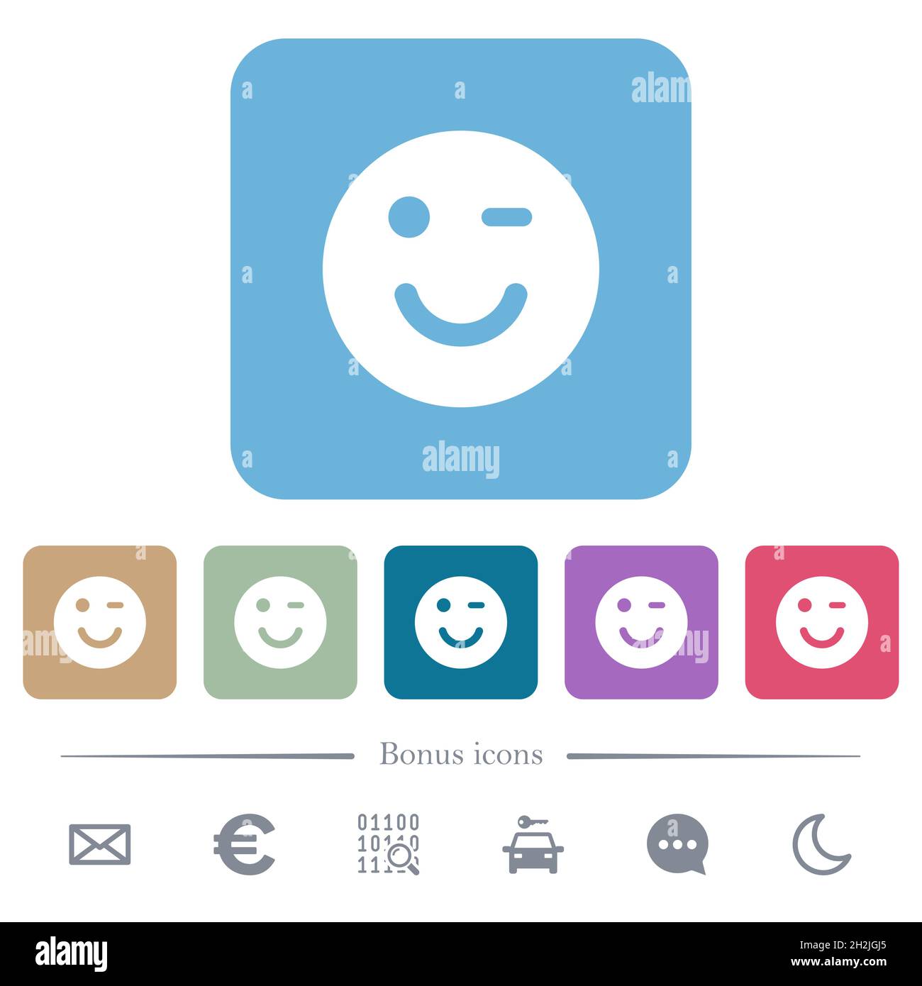 Winking emoticon solid white flat icons on color rounded square ...