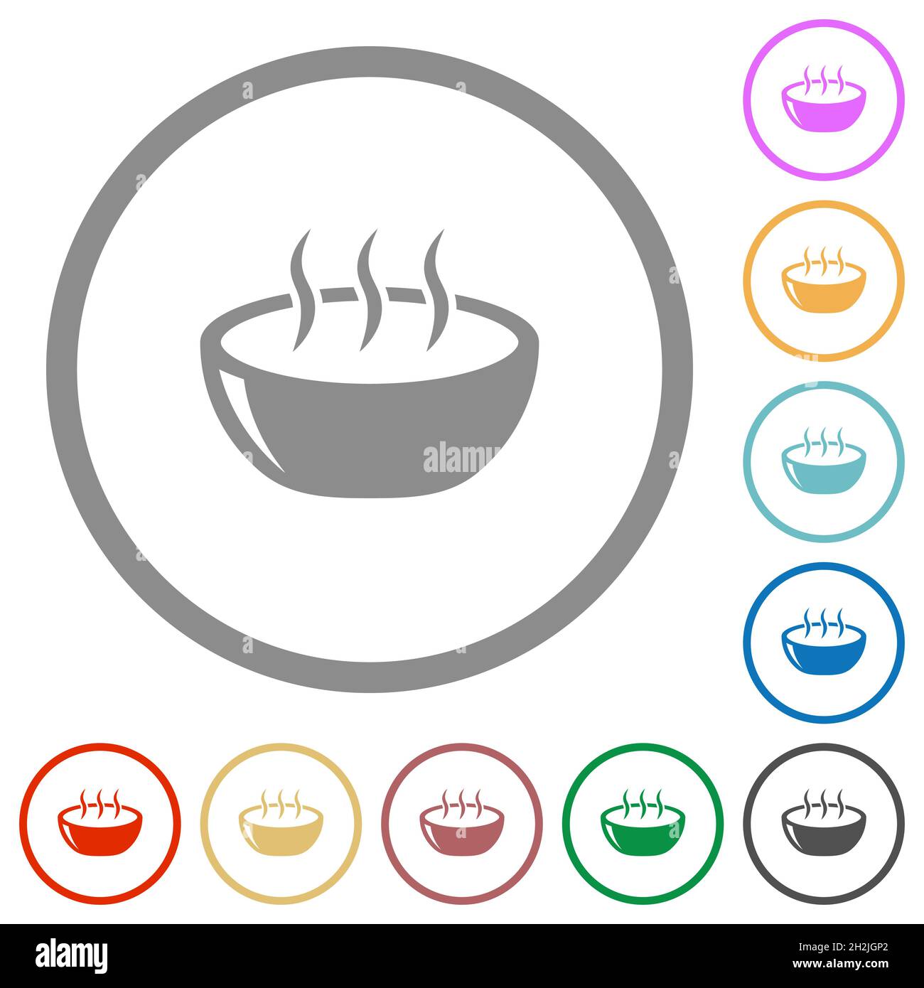 Glossy steaming bowl flat color icons in round outlines on white ...