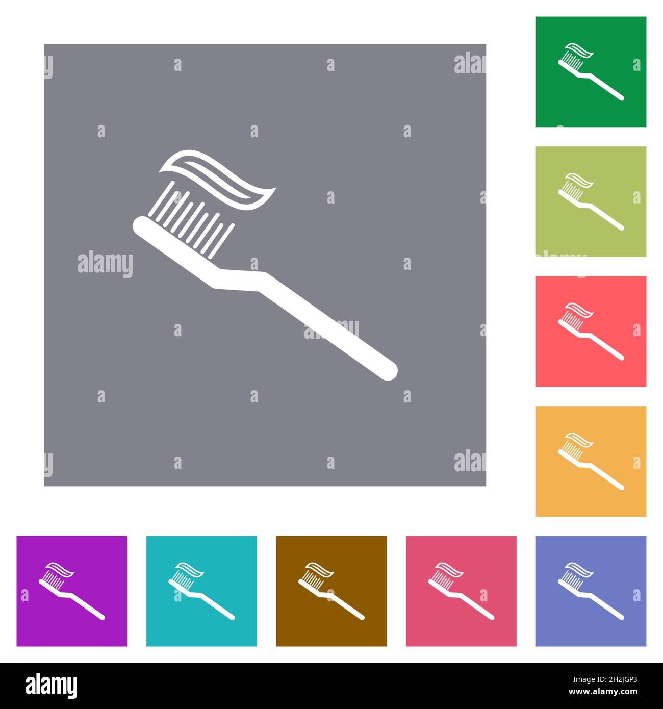 Toothbrush with toothpaste flat icons on simple color square ...