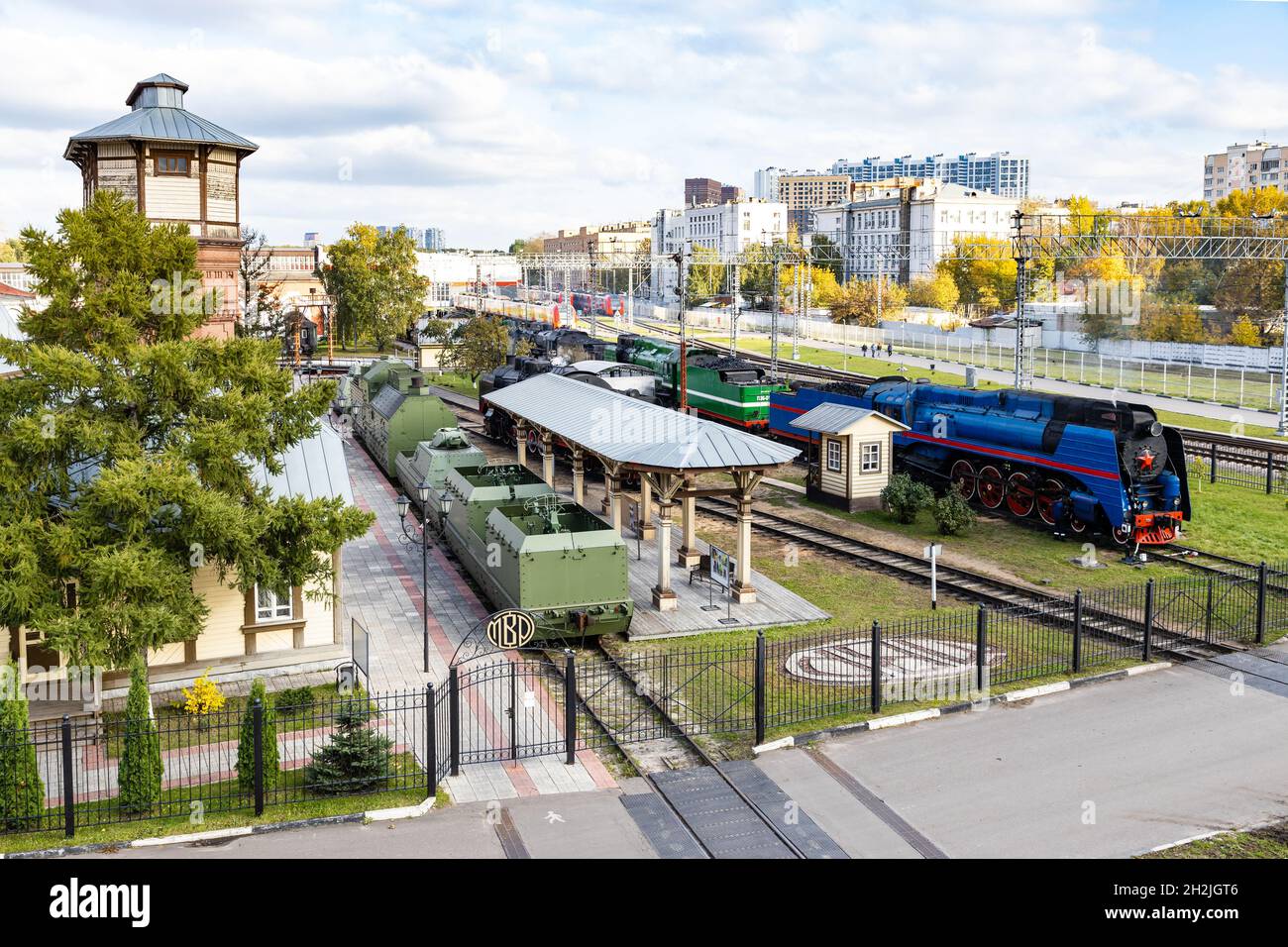 Moscow, Russia - September 29, 2021: above view of trains of railways ...