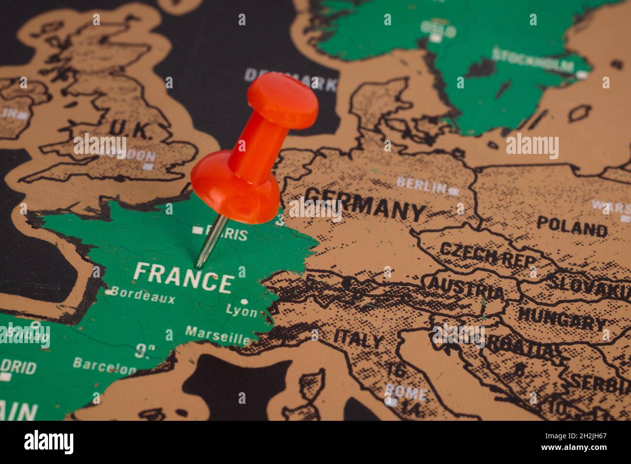 Location France, push pin on map close-up, marker of destination for ...