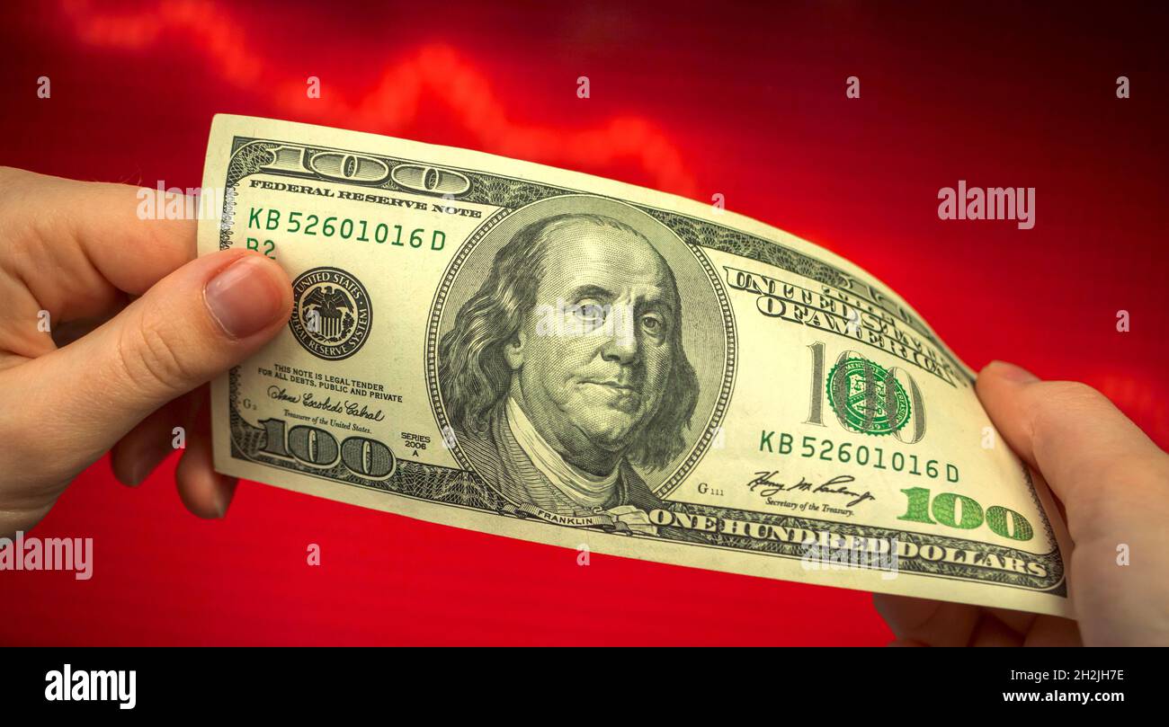 Dollar falls, US money on a red stock chart currency exchange rate ...