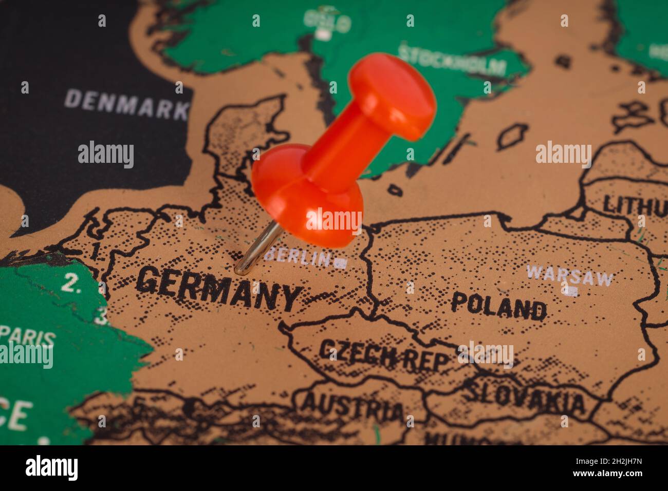 Location Germany, push pin on map close-up, marker of destination for ...