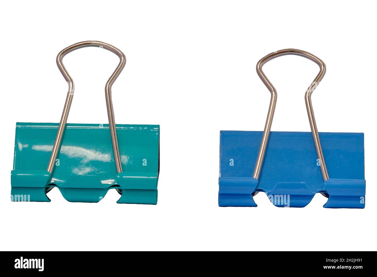 Two blue metallic paper clips, isolated with a white background, for a ...