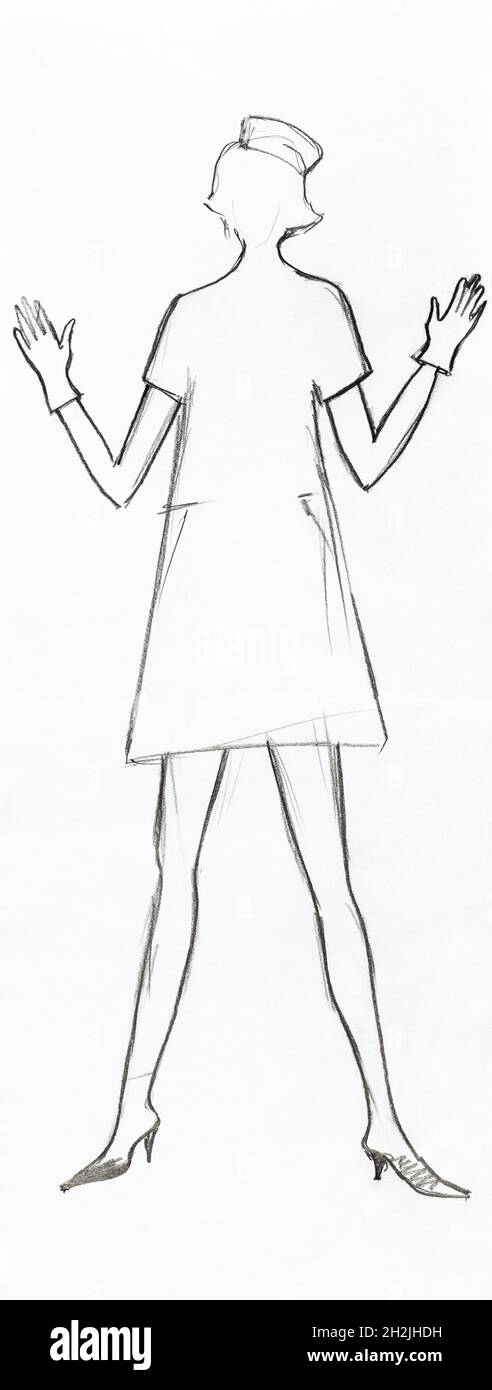 outline of fashionable silhouette of woman of the 60s of the XX century ...