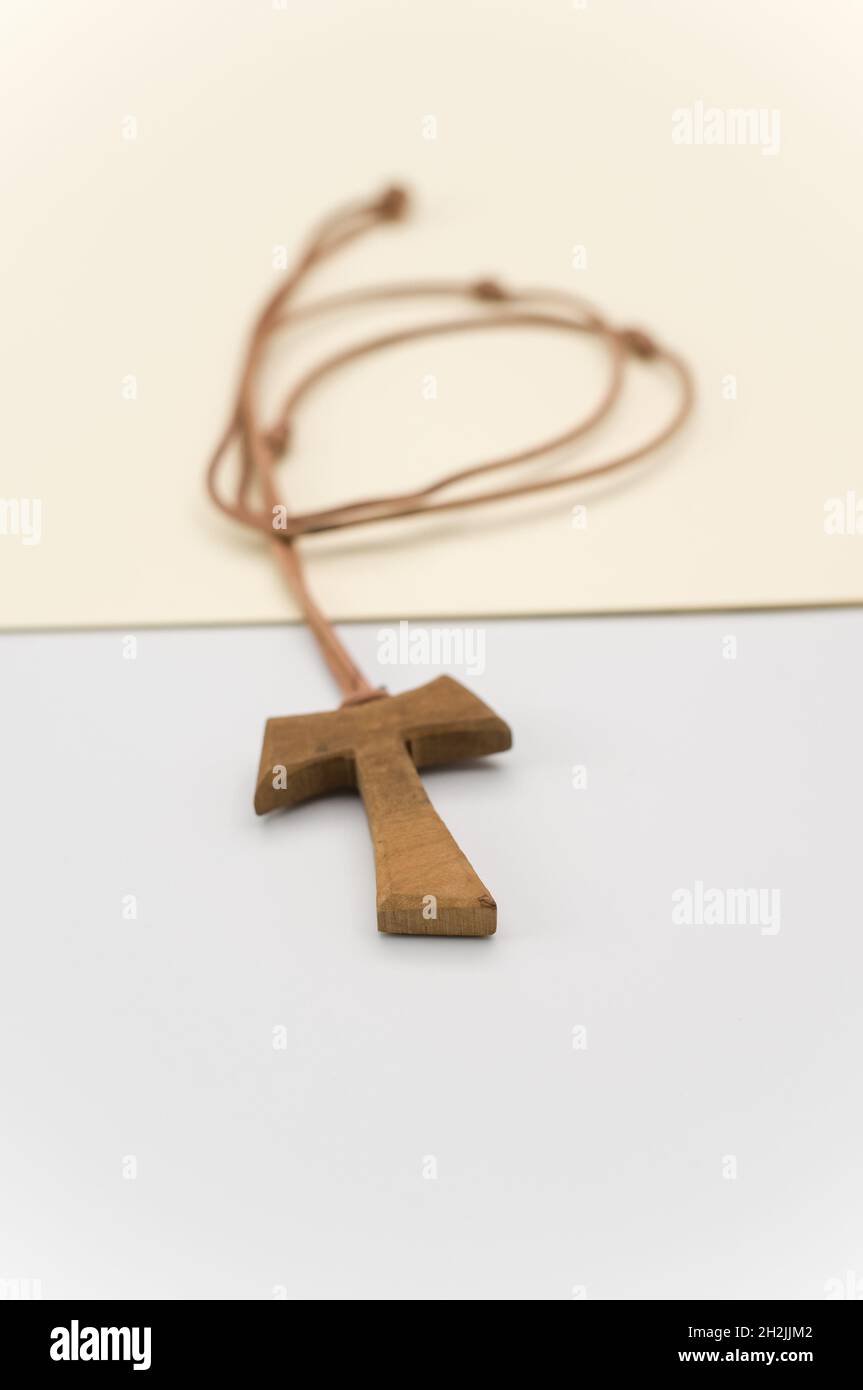 hand made wooden tau cross pendant - Greek letter tau on white beige ...