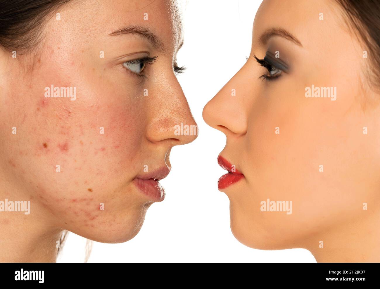 Comparison portrait of a woman without and with makeup and cosmetics ...