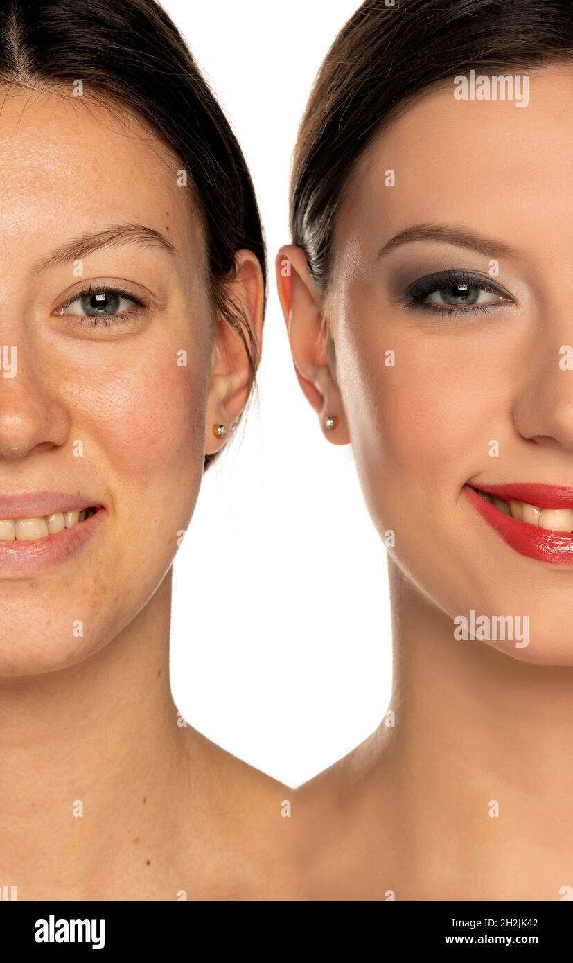 Comparison portrait of a woman without and with makeup on white ...