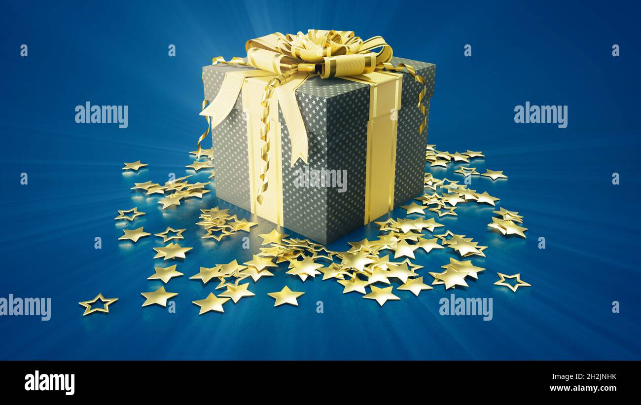 pretty present box with goldish stars on blue - christmas concept ...