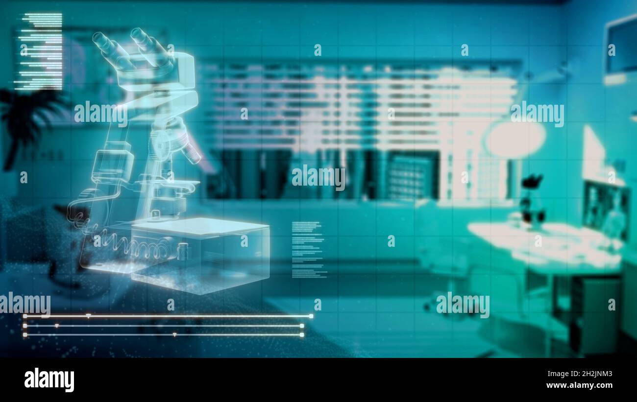 hi-tech hospital room with digital overlays and laboratory microscope ...