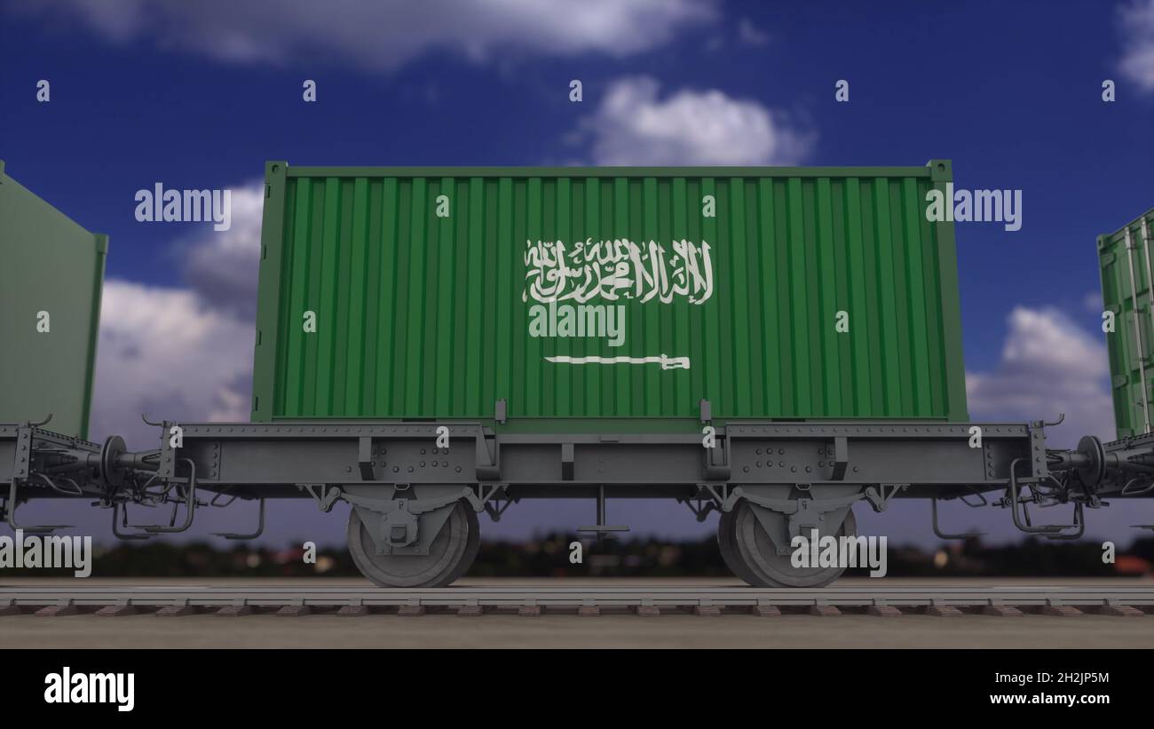 Train and containers with the flag of Saudi Arabia. Railway ...
