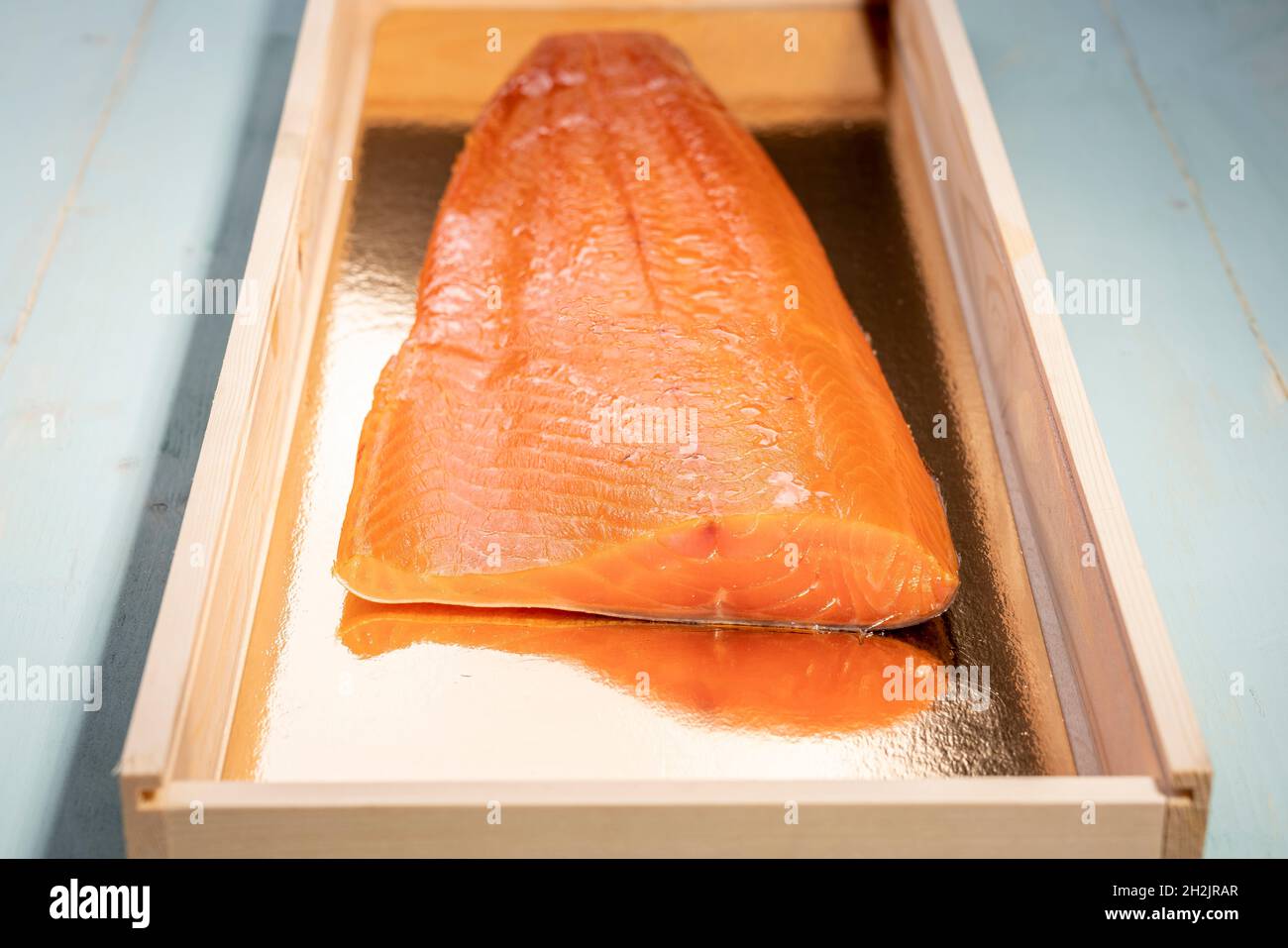 Smoked wild sockeye salmon inside wooden box Stock Photo - Alamy