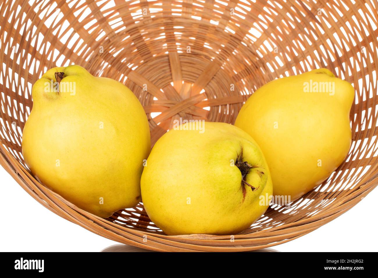 Three ripe bright yellow quince with straw dishes, close-up, isolated ...