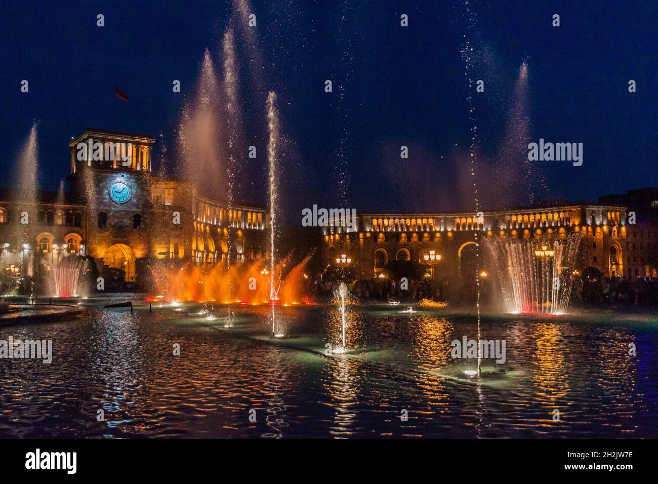 Evening fountain at the Republic Square in Yerevan, capital of Armenia ...