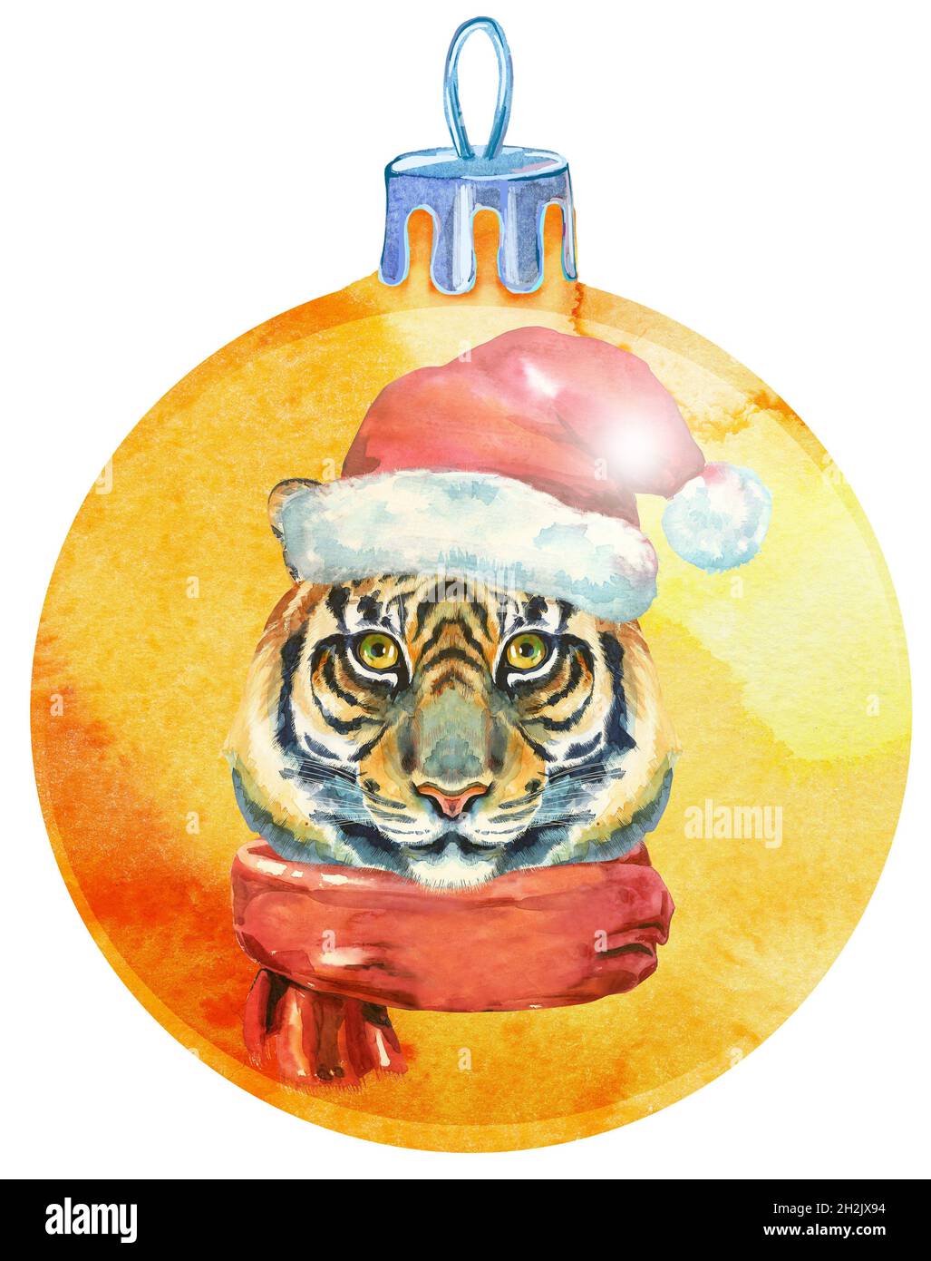 Watercolor Christmas ball with tiger isolated on a white background ...