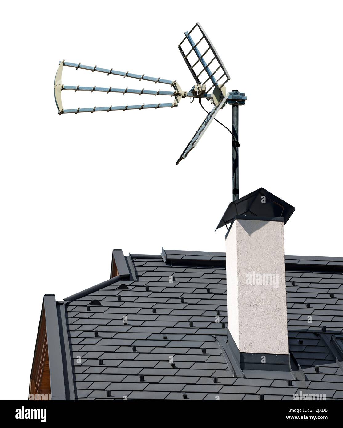 Closeup of a house roof with a television aerial (antenna), isolated on ...