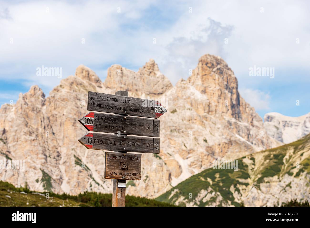 Directional trail signs in Sesto Dolomites in front of Tre Cime di ...