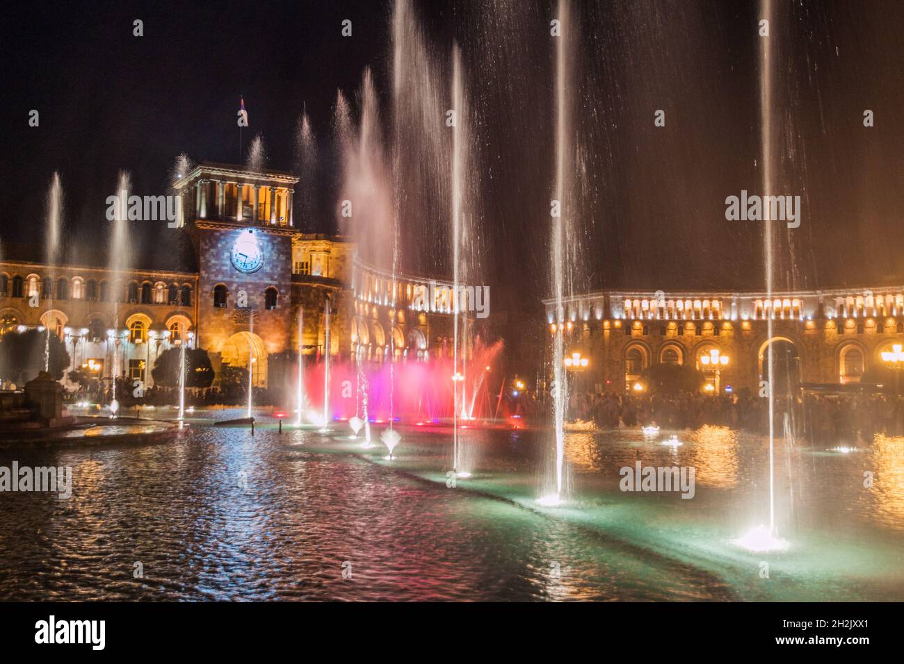 Evening fountain at the Republic Square in Yerevan, capital of Armenia ...