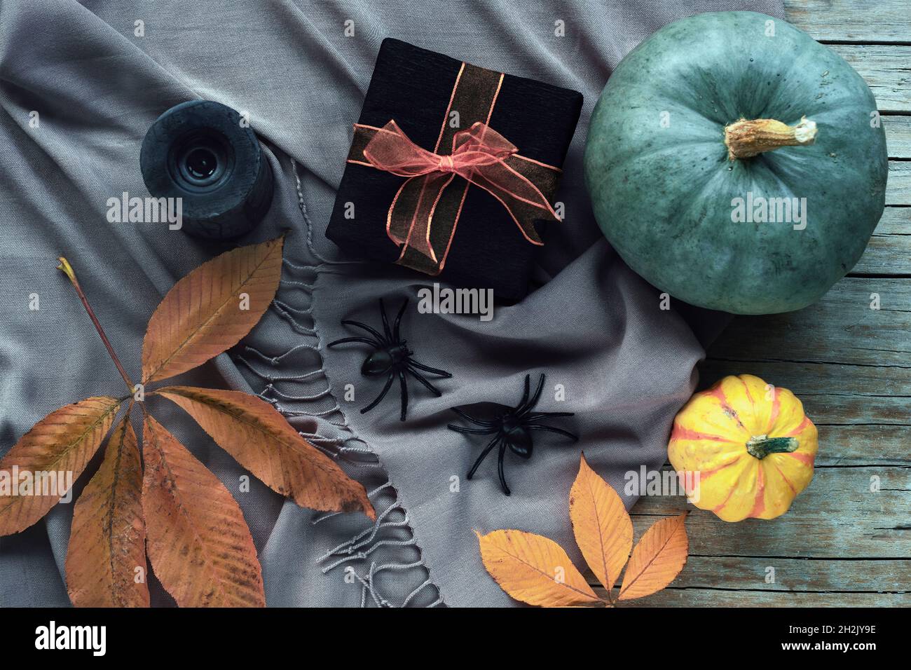 Pumpkins, yellow leaves, gift box in black wrapping paper, spiders and ...