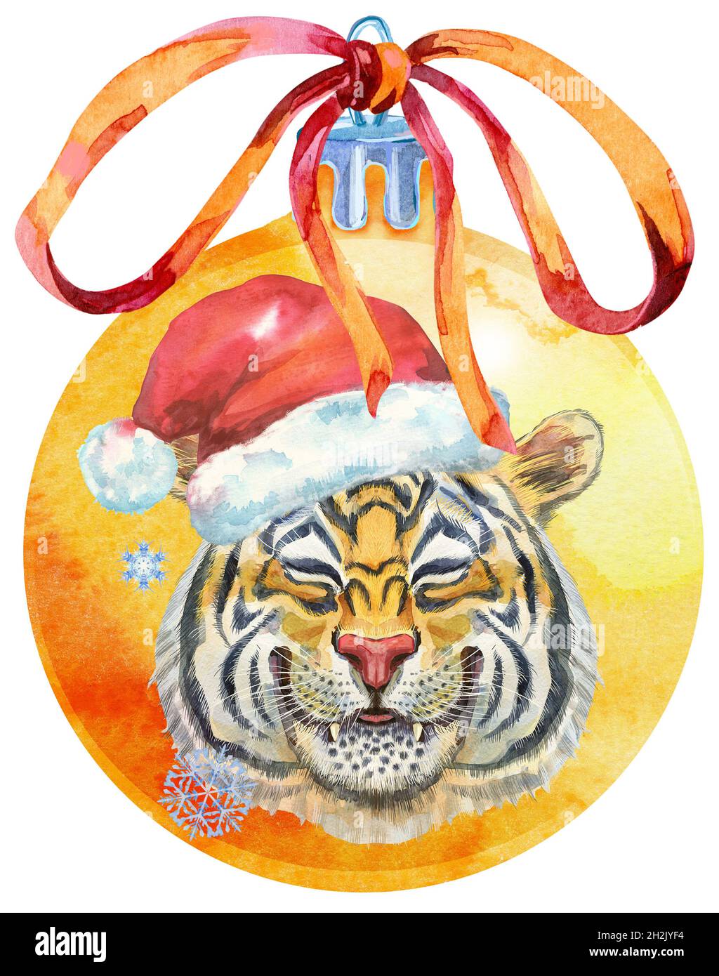 Watercolor Christmas ball with bow and tiger isolated on a white ...