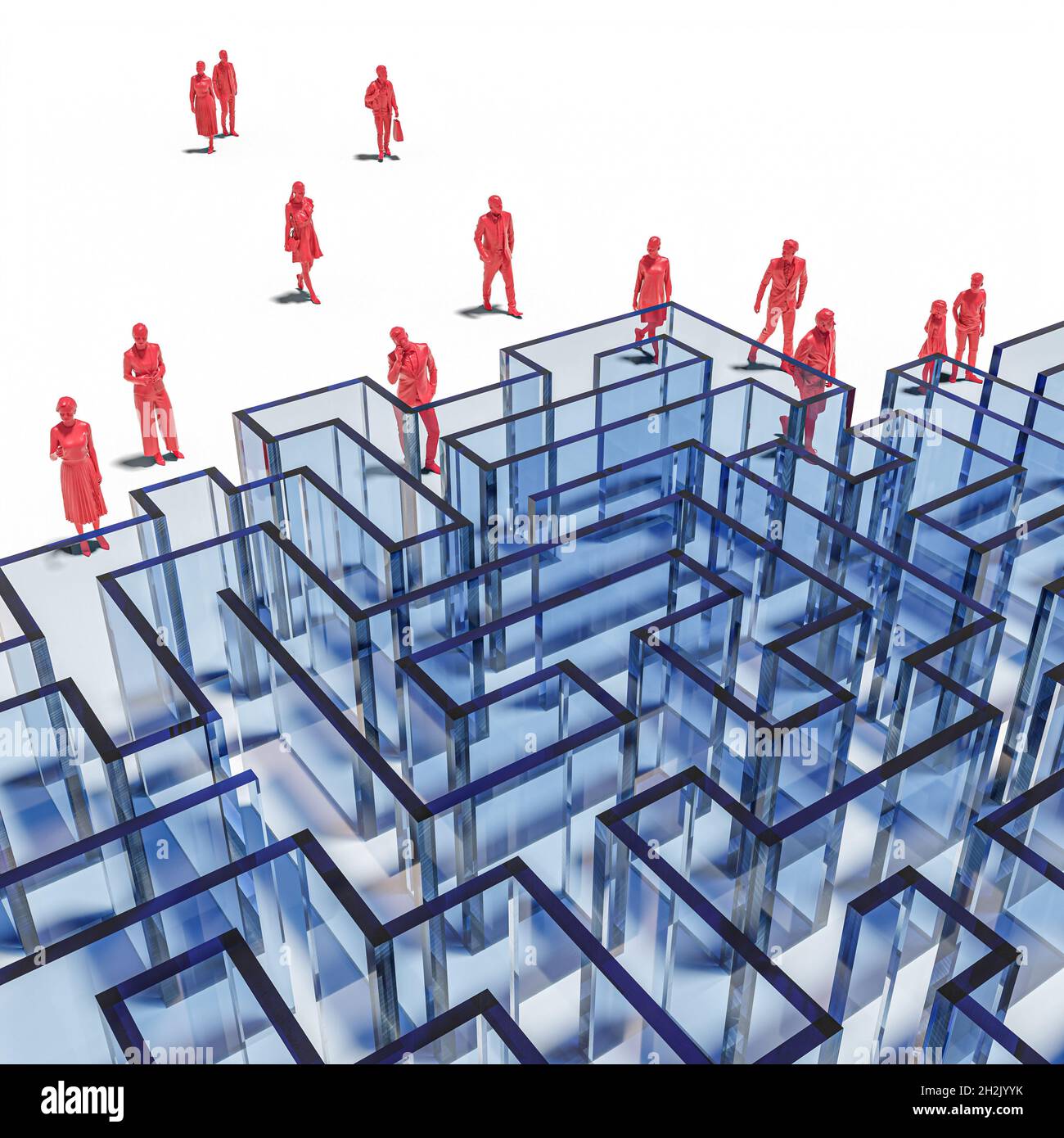 people and blue transparent labyrinth. challenge concept. 3d render ...