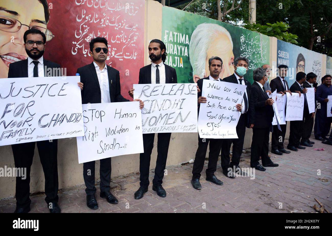 Pakistan. 22nd Oct, 2021. Members of Sindhu Indus Lawyers Forum are ...