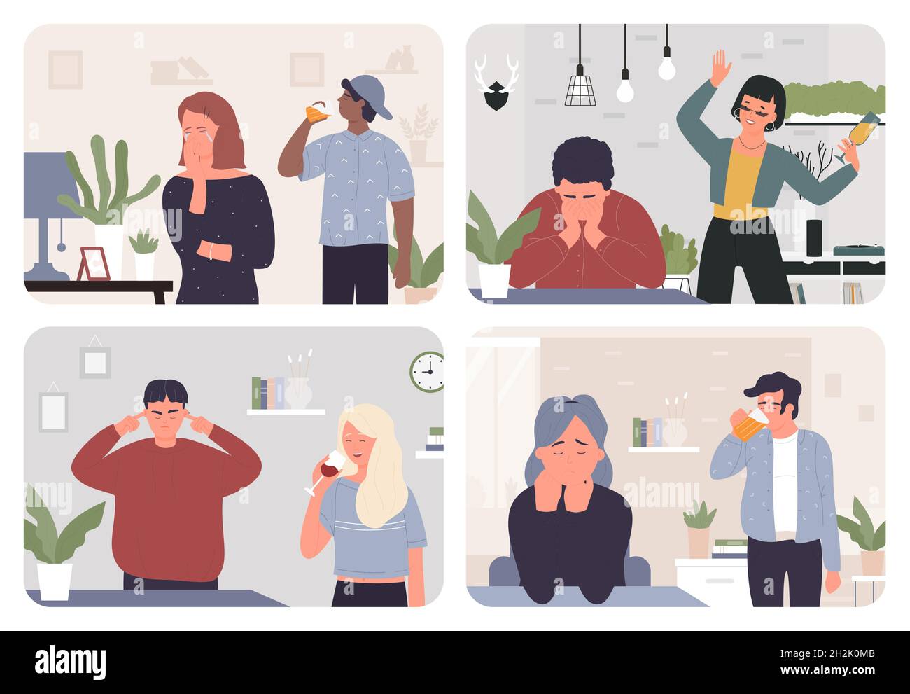 Family alcohol addiction problems vector illustration set. Cartoon ...