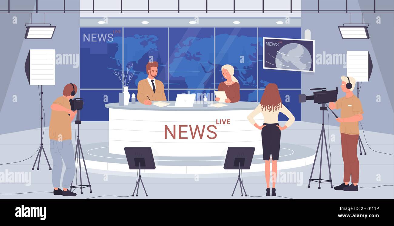 Tv studio live news, broadcasting show interview vector illustration ...