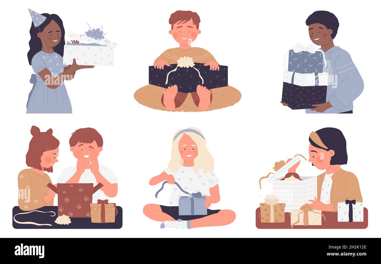 Kids open gift boxes set vector illustration. Cartoon happy children ...